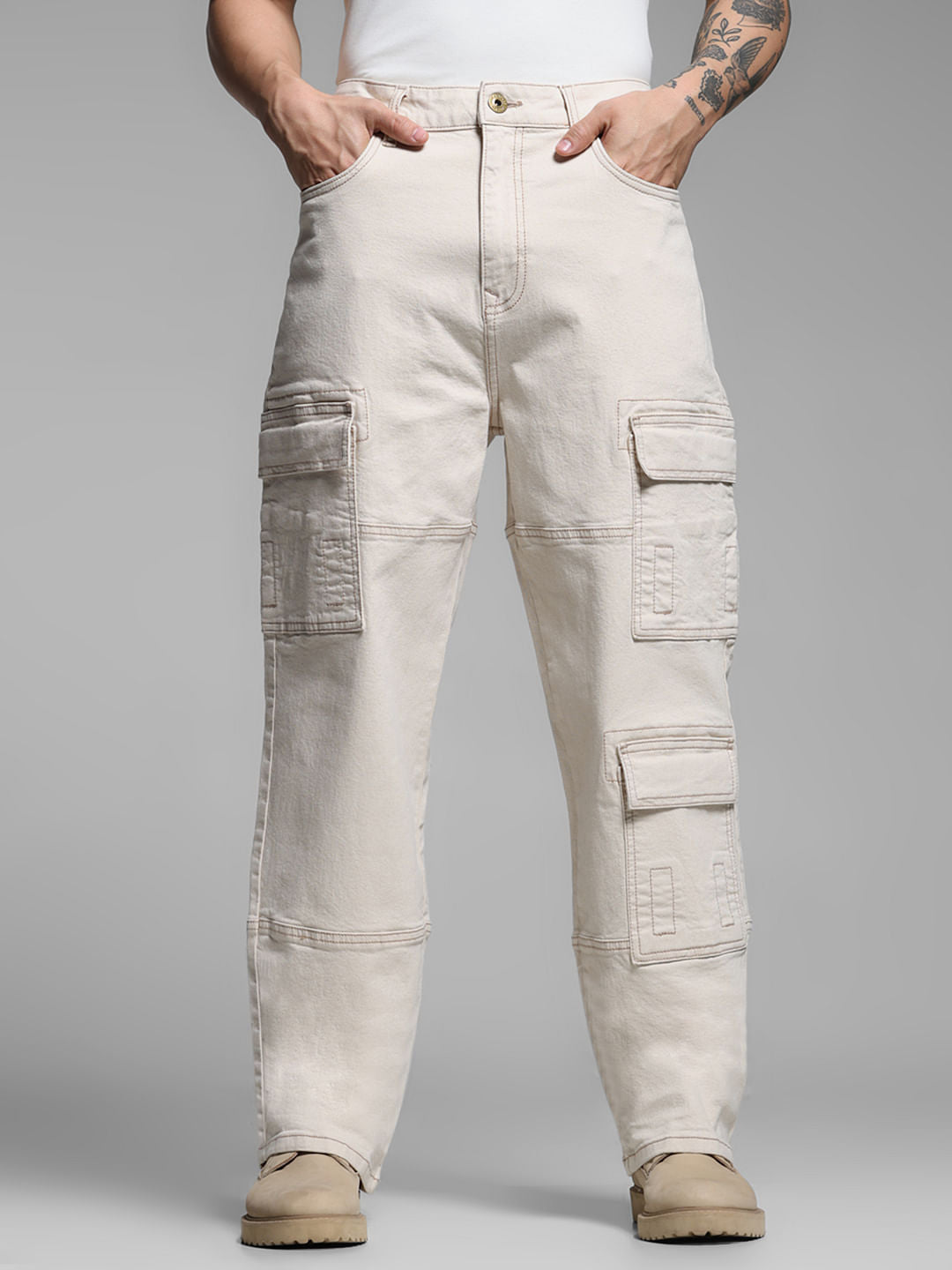 Beige High Rise Dario Loose Fit Jeans