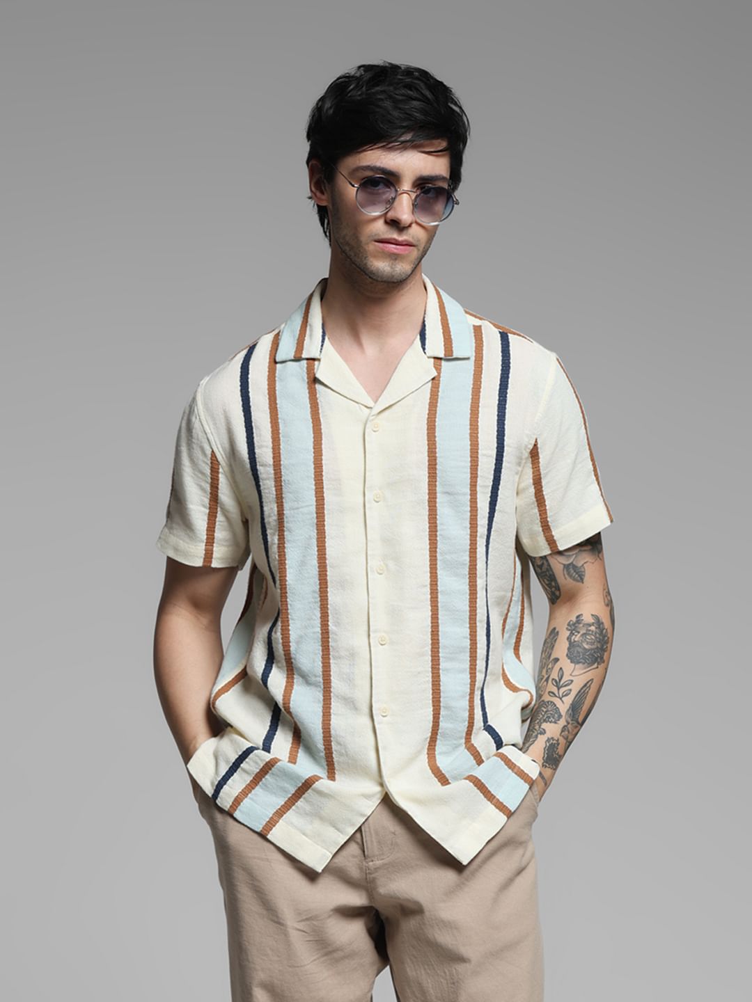 Beige Dobby Striped Shirt