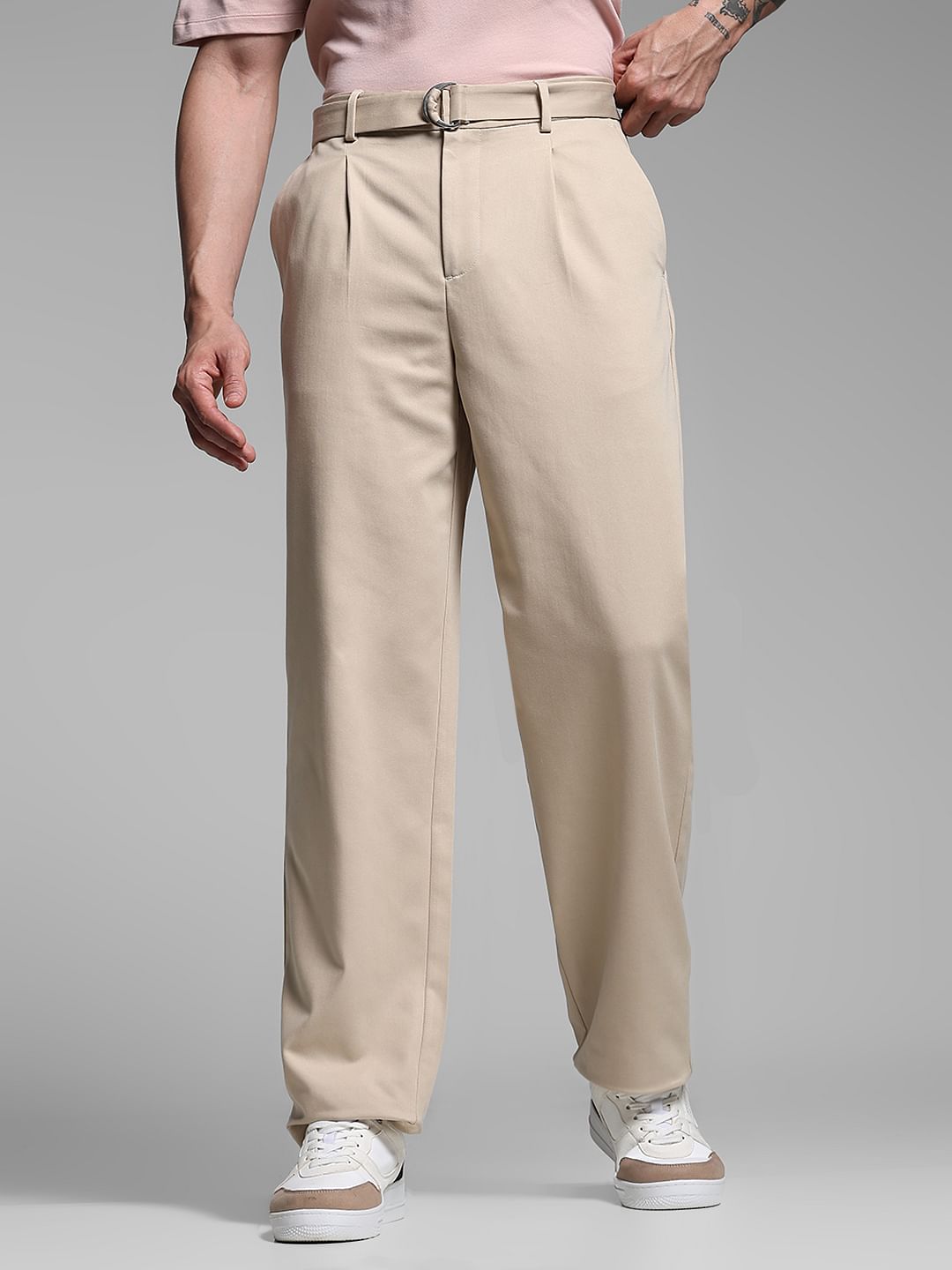 Beige Rayon Loose Fit Pants