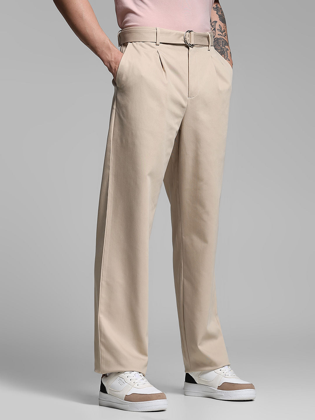 Beige Rayon Loose Fit Pants