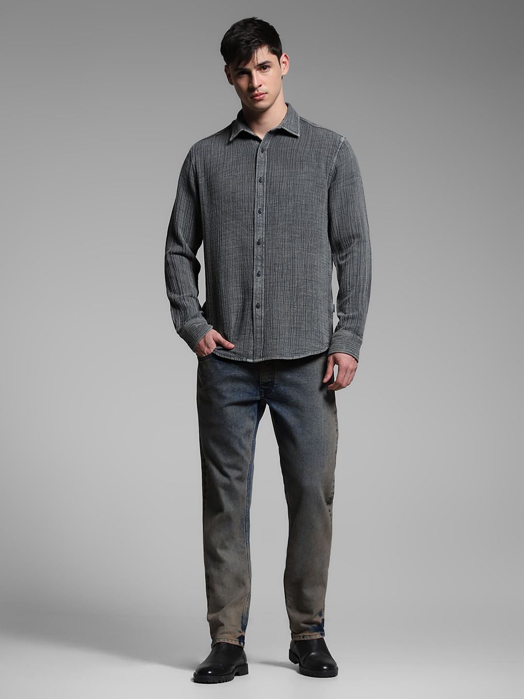 Grey Acid Washed Cotton Shirt